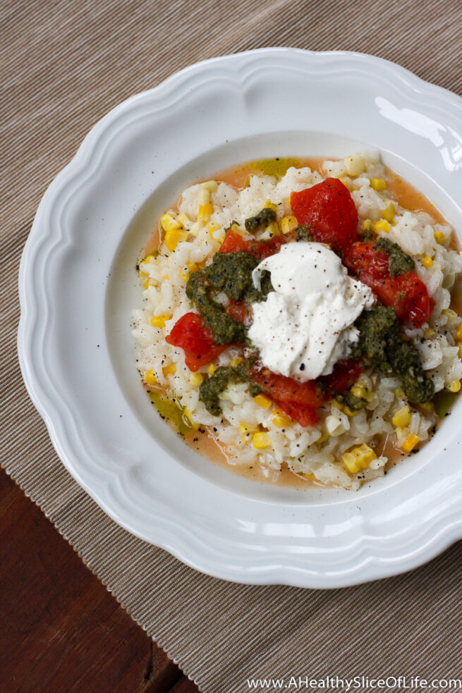 Summer Risotto with Roasted Corn, Pesto, & Burrata
