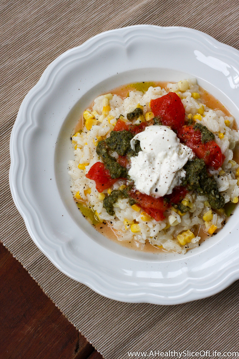 Summer Risotto with Roasted Corn, Pesto, & Burrata